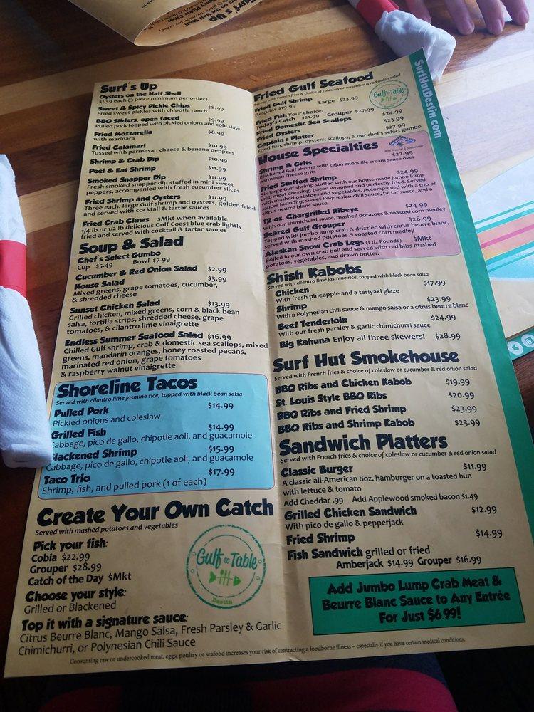 Menu at Surf Hut restaurant, Destin