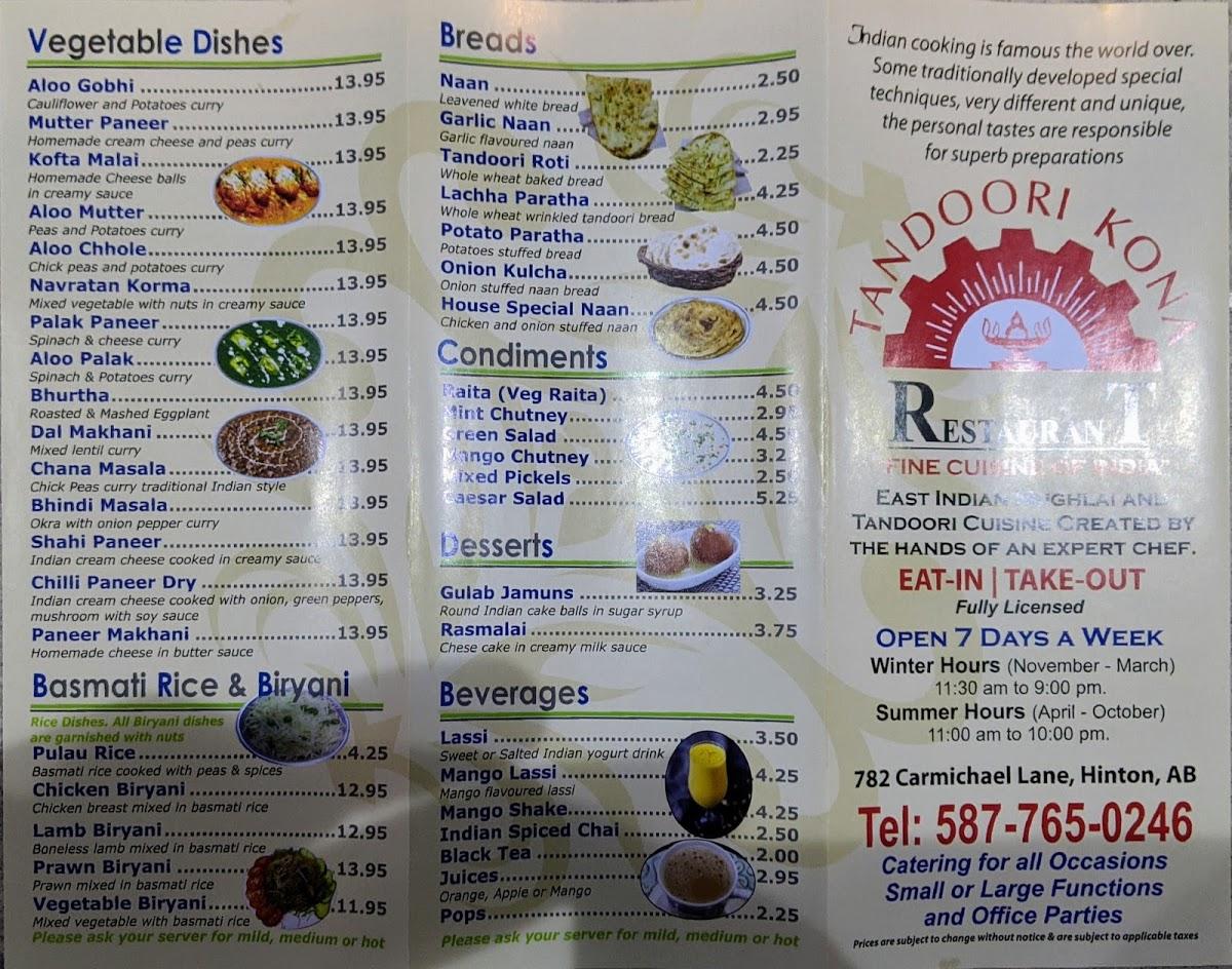 Menu at Tandoori Kona restaurant, Hinton