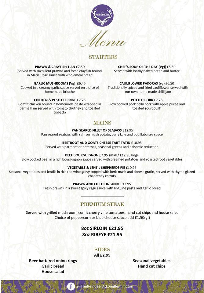 Menu at The Reindeer at Long Bennington pub & bar, Long Bennington