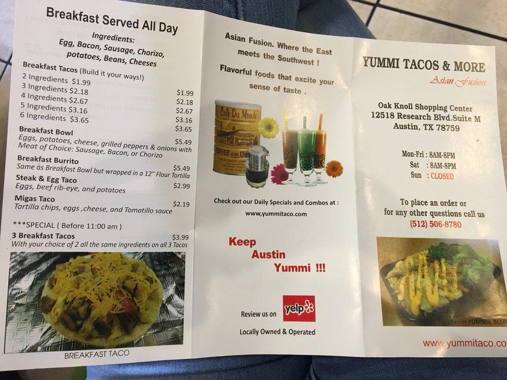Menu at Yummi Tacos restaurant, Austin