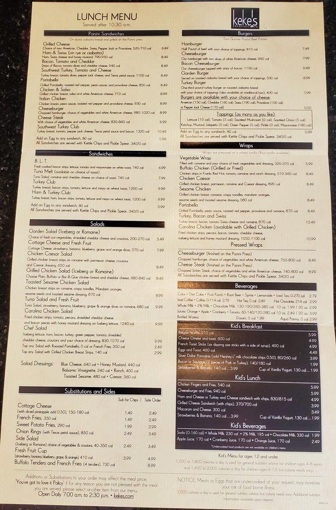 Menu at Keke's Breakfast Cafe, Saint Johns, 450 Durbin Pavilion Dr Ste E106