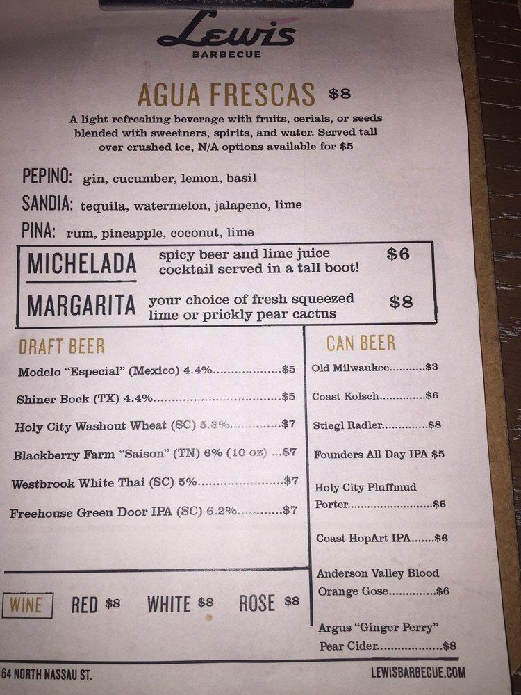 Menu at Lewis Barbecue Charleston, Charleston