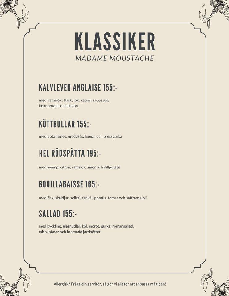 Menu at Madame Mustache restaurant, Helsingborg