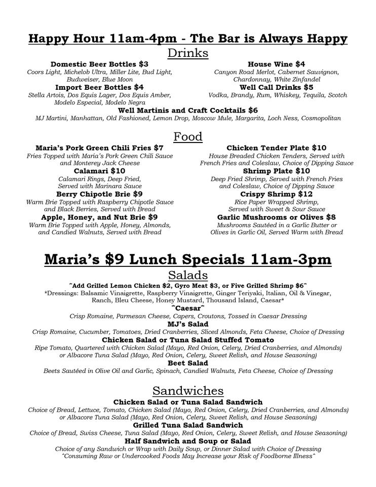 Menu at Maria's The Gathering Place restaurant, Green Valley