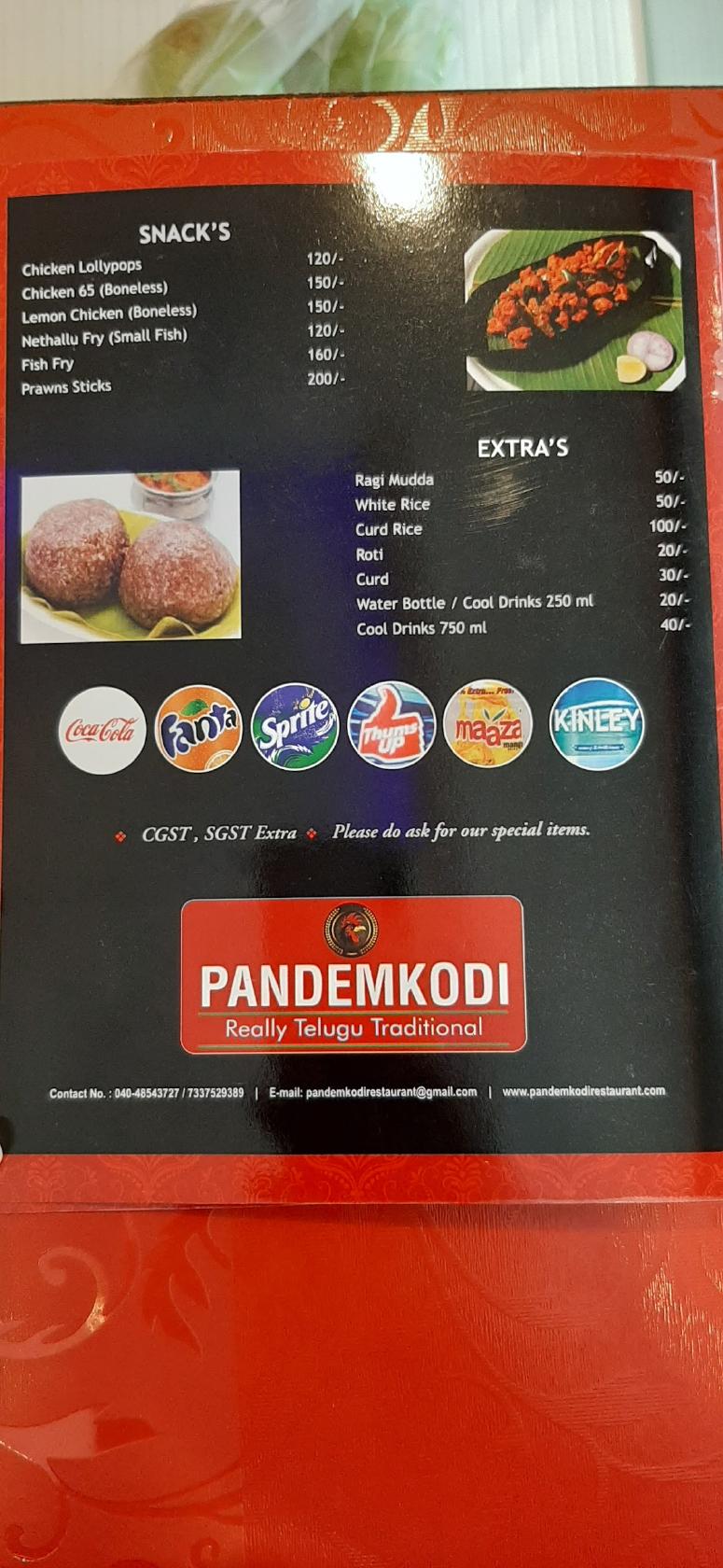 Menu at Pandem kodi Restaurant, Hyderabad, 8-3-167