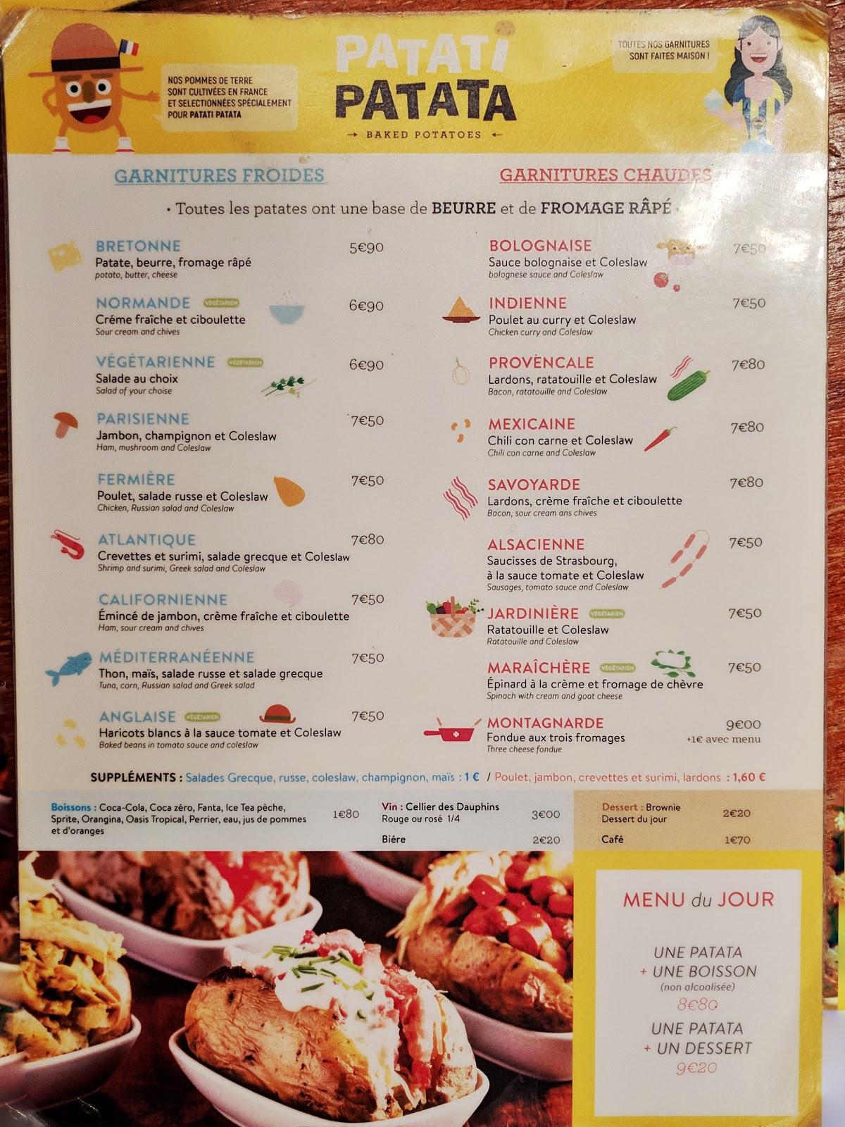 Menu au Patati Patata Paris fast food, Paris, 51 Rue de Lappe