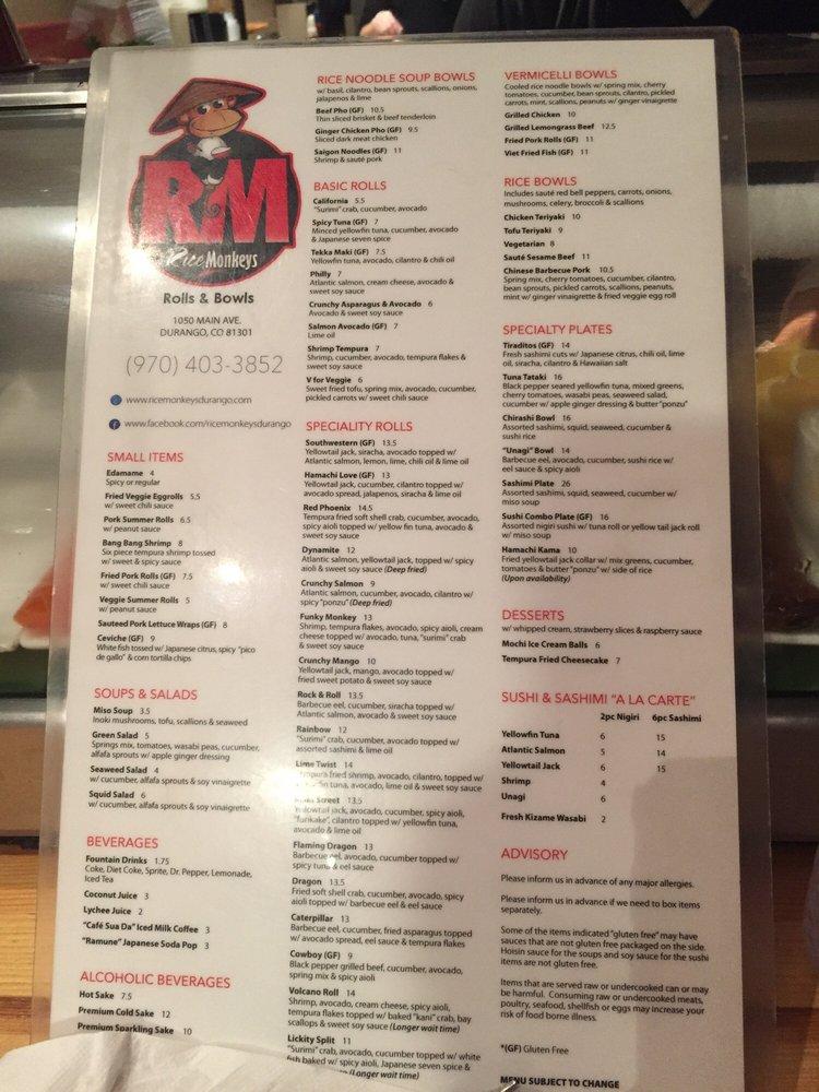 Menu at Rice Monkey restaurant, Durango