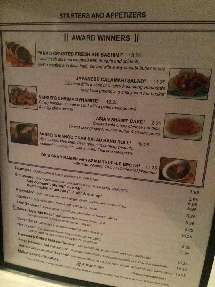 Menu at Sansei Seafood Restaurant & Sushi Bar, Kapalua