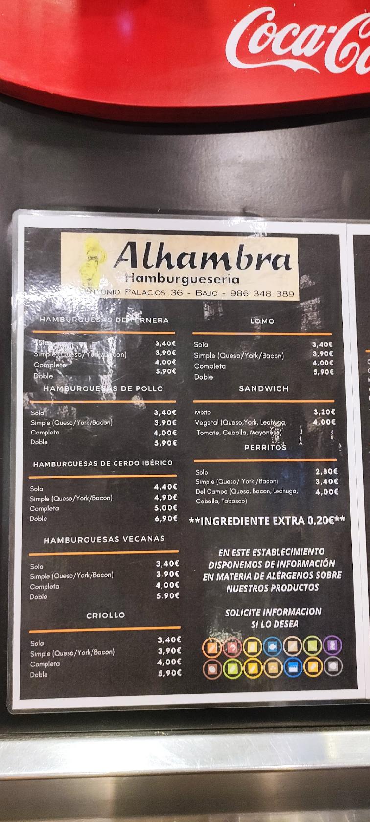 Carta del restaurante Hamburguesería Alhambra, Porriño