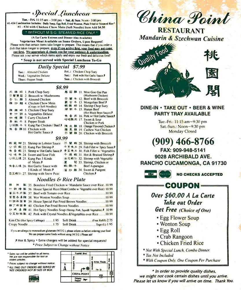 Menu at China Point restaurant, Rancho Cucamonga