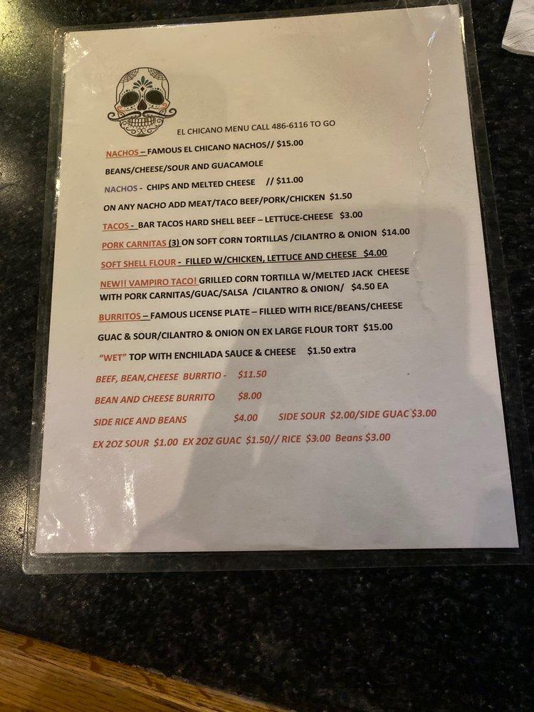Carta del restaurante El Chicano, Kodiak