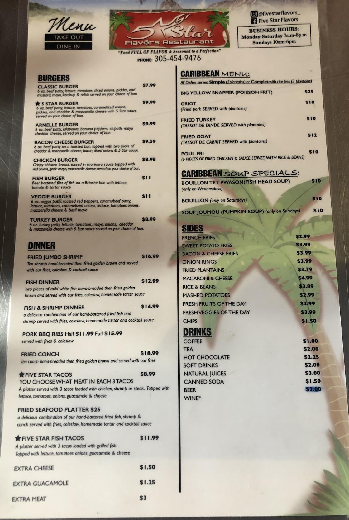 Menu at Five Star Flavors restaurant, North Miami Beach