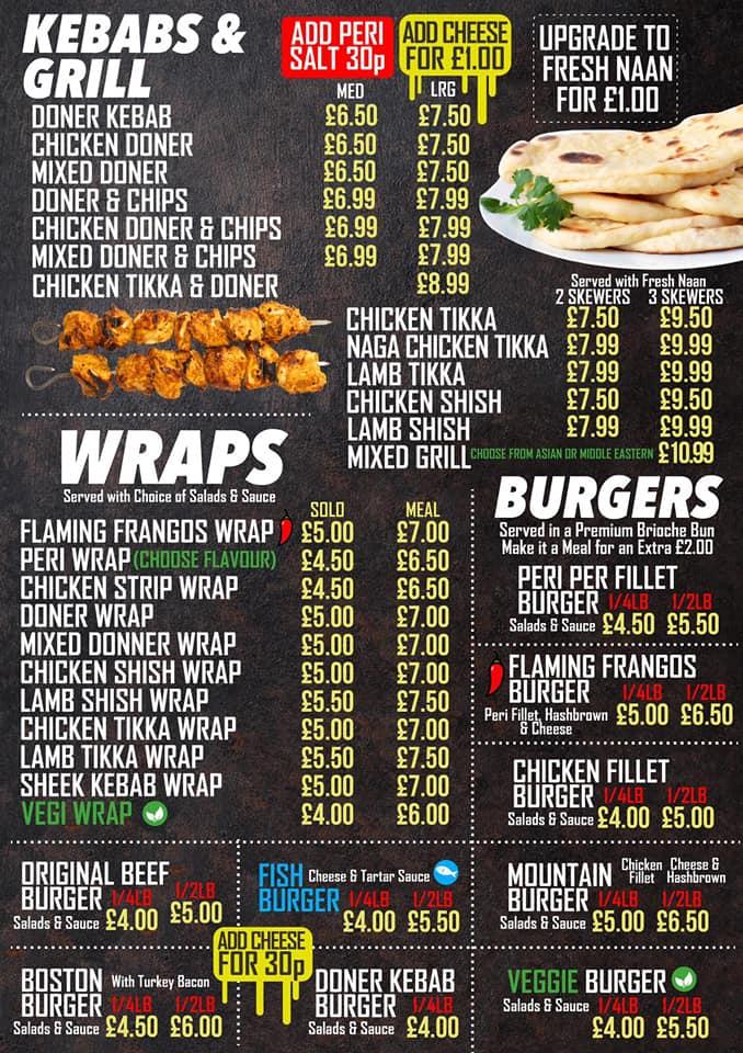 Menu at Flaming Frangos pizzeria, Barry