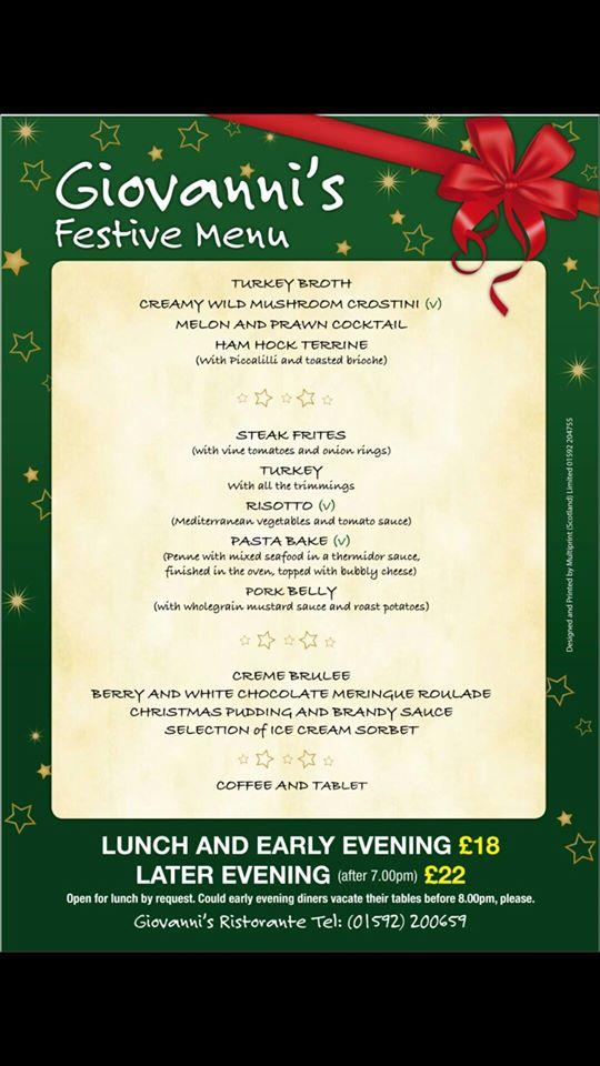 Menu at Giovanni's Restaurant, Kirkcaldy