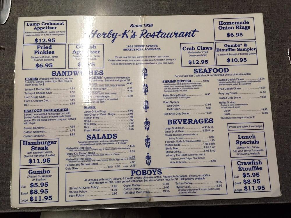 Menu at Herby-K's restaurant, Shreveport