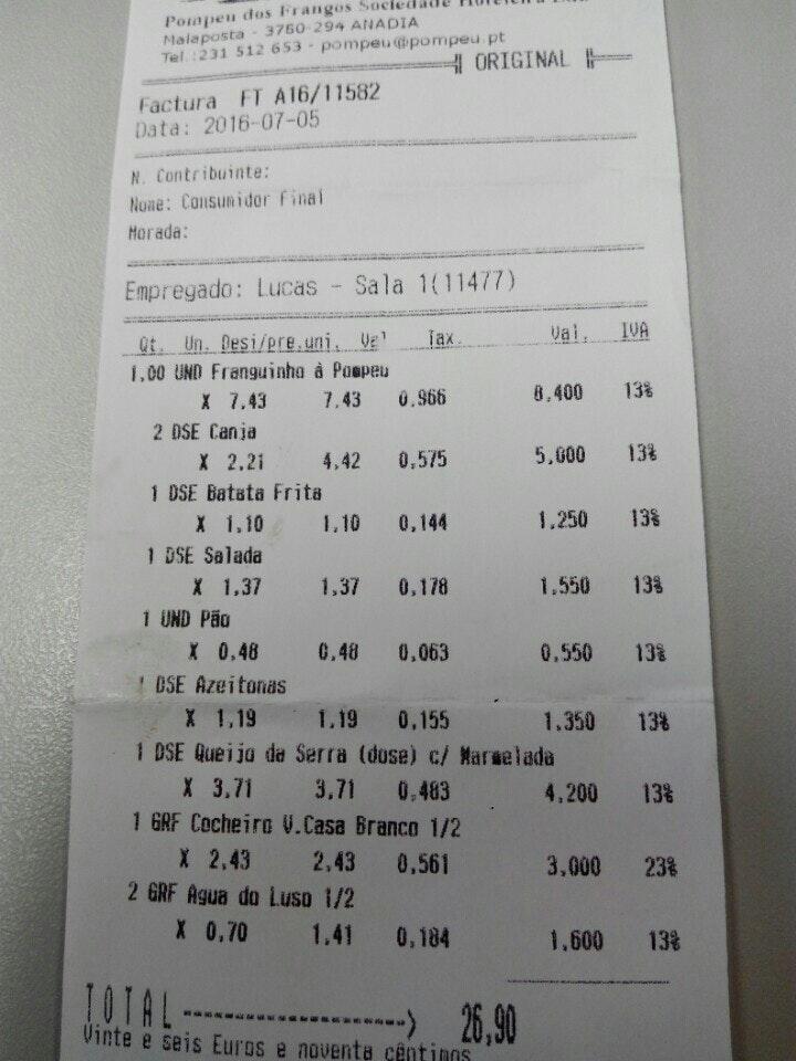 Menu at Pompeu dos Frangos restaurant, Anadia