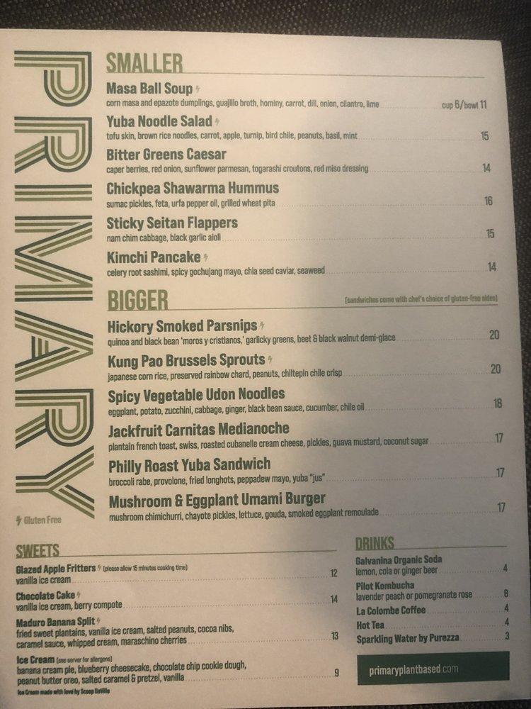 Menu at Primary Plant Based restaurant, Philadelphia, 161 W Girard Ave
