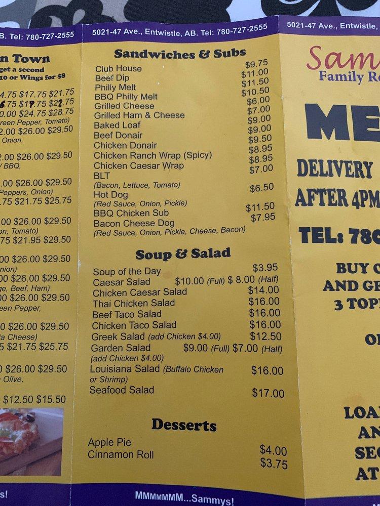 Menu at Sammy's Family Restaurant, Entwistle