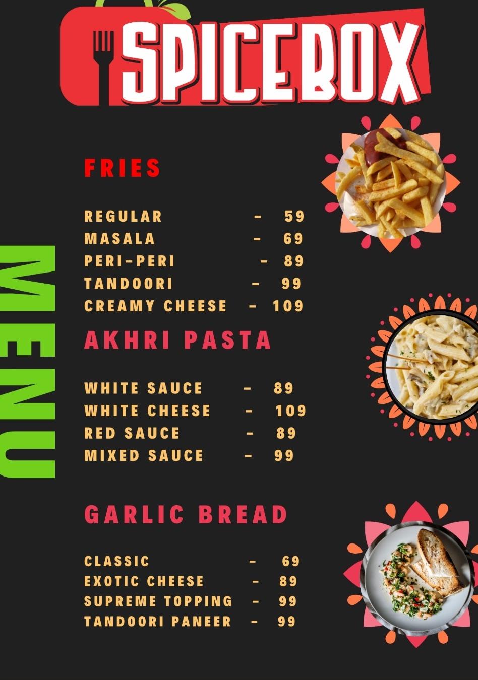 Menu at SpiceBox, Bhopal