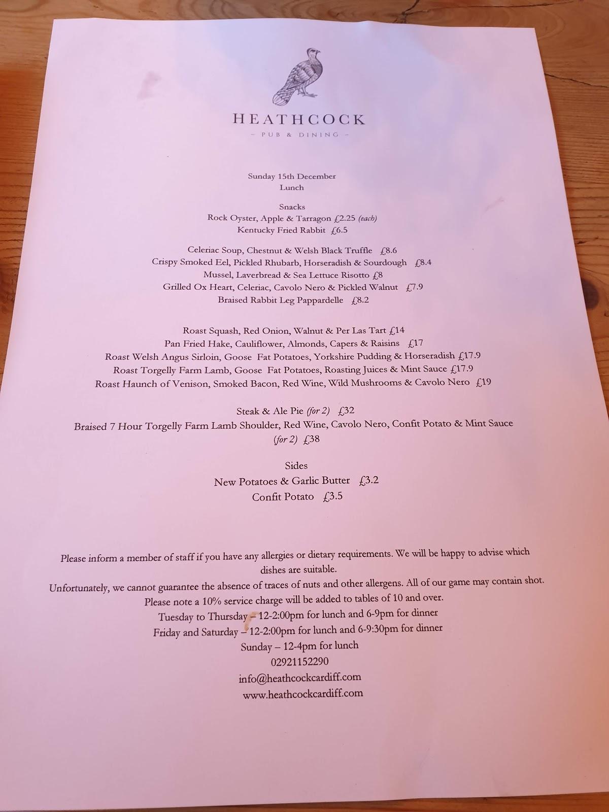 Menu at The Heathcock pub & bar, Cardiff