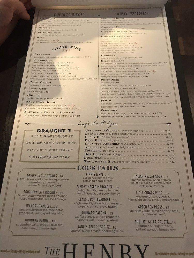 Menu at The Henry restaurant, Dallas, N Akard St Suite 250