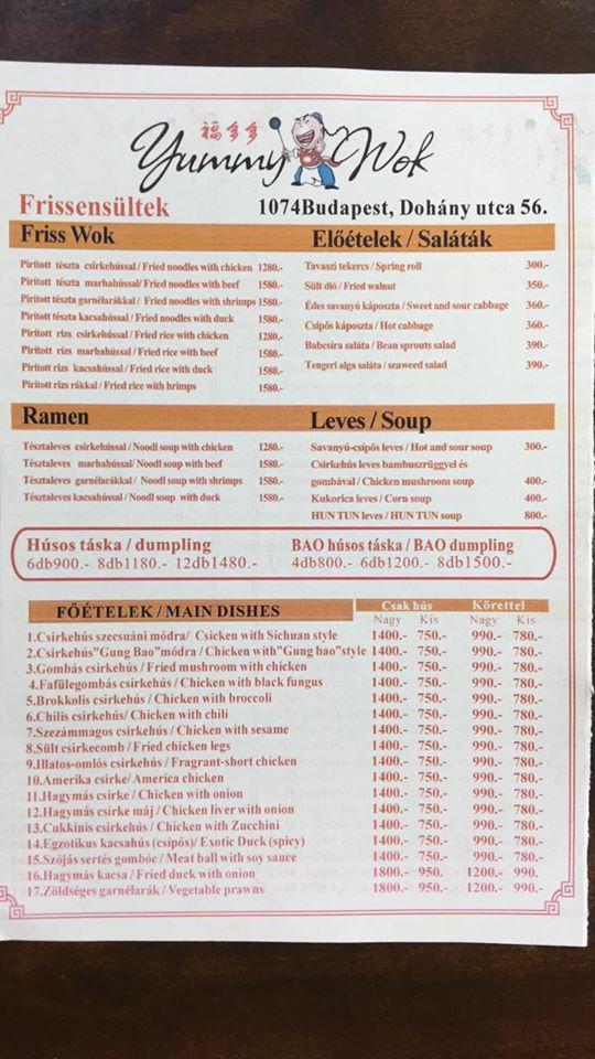 Menu at 福多多Yummy wok restaurant, Budapest