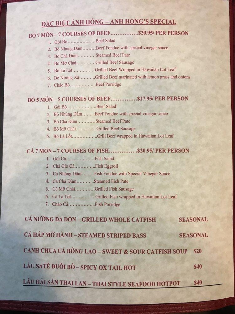 Menu at Anh Hong Restaurant, San Jose