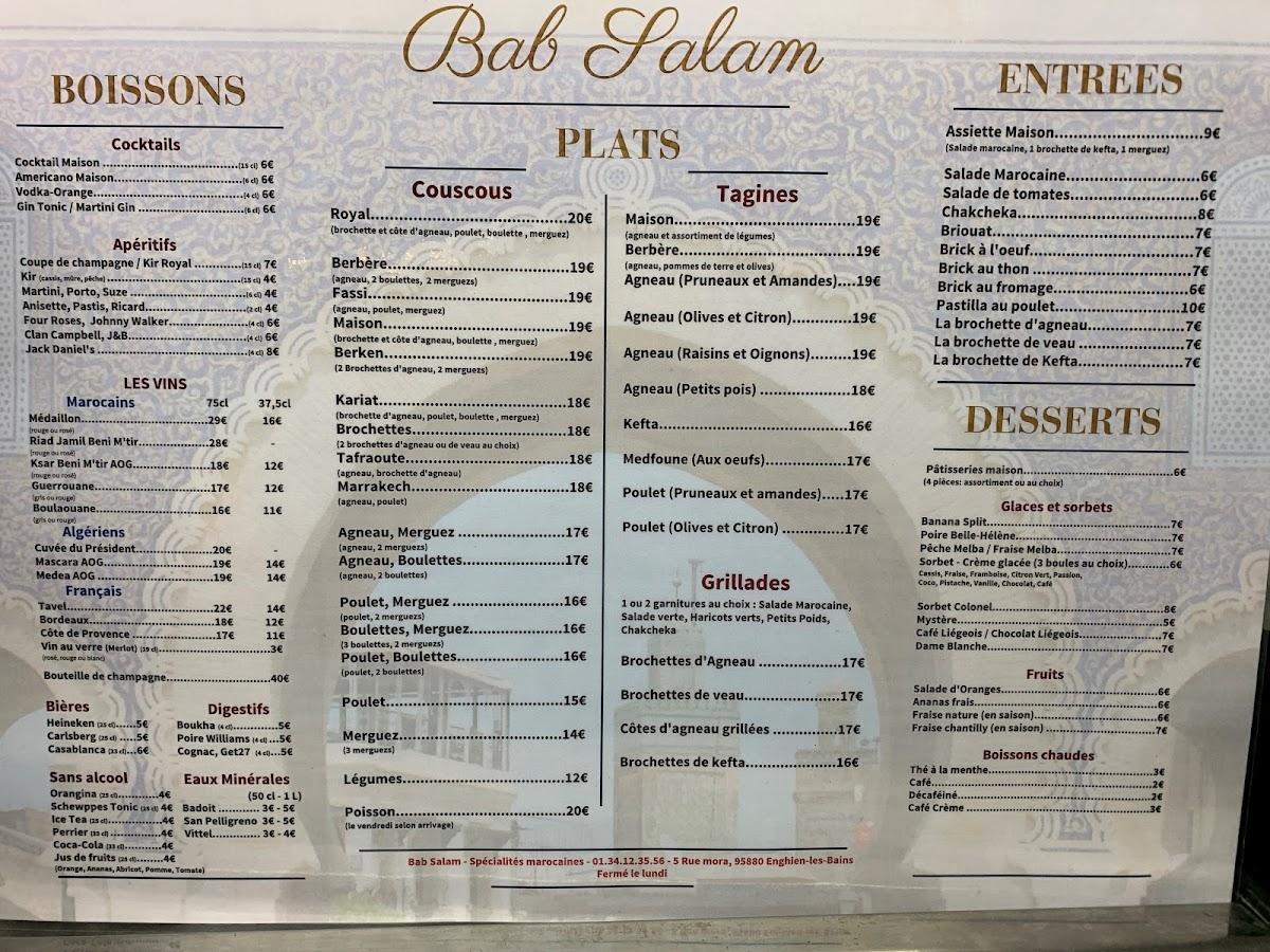 Menu au Bab Salam restaurant, Enghien-les-Bains