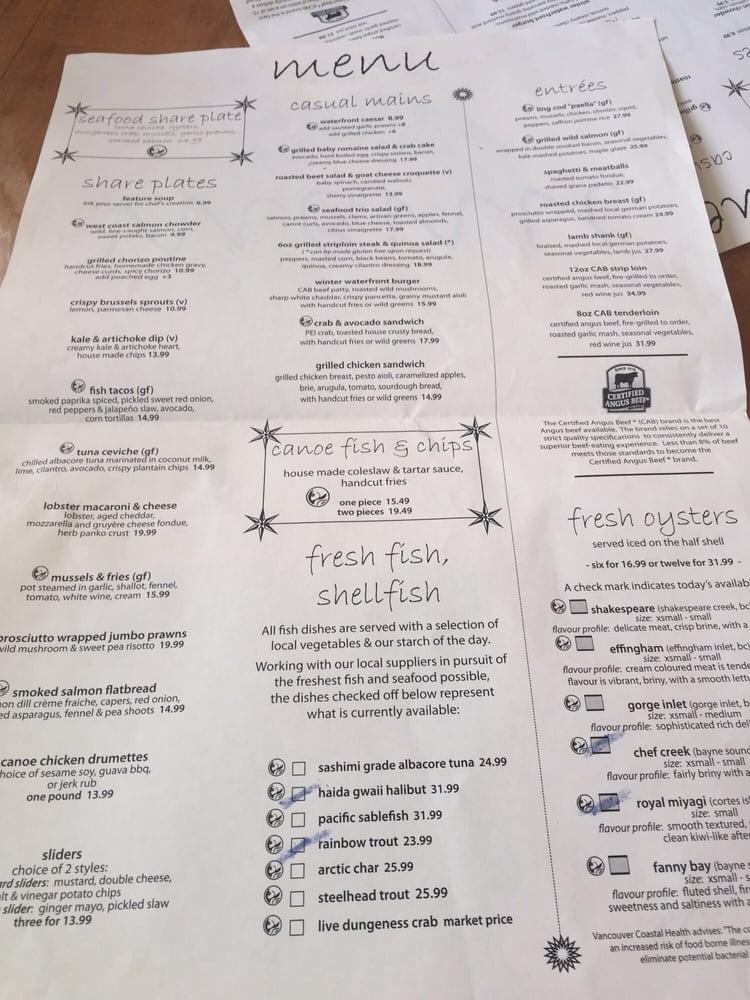Menu at Blue Canoe Waterfront Restaurant, Richmond