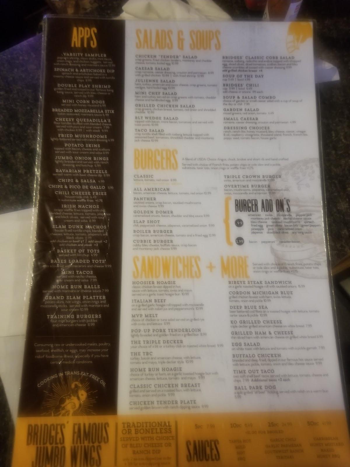 Menu at Bridges Scoreboard Restaurant, Griffith