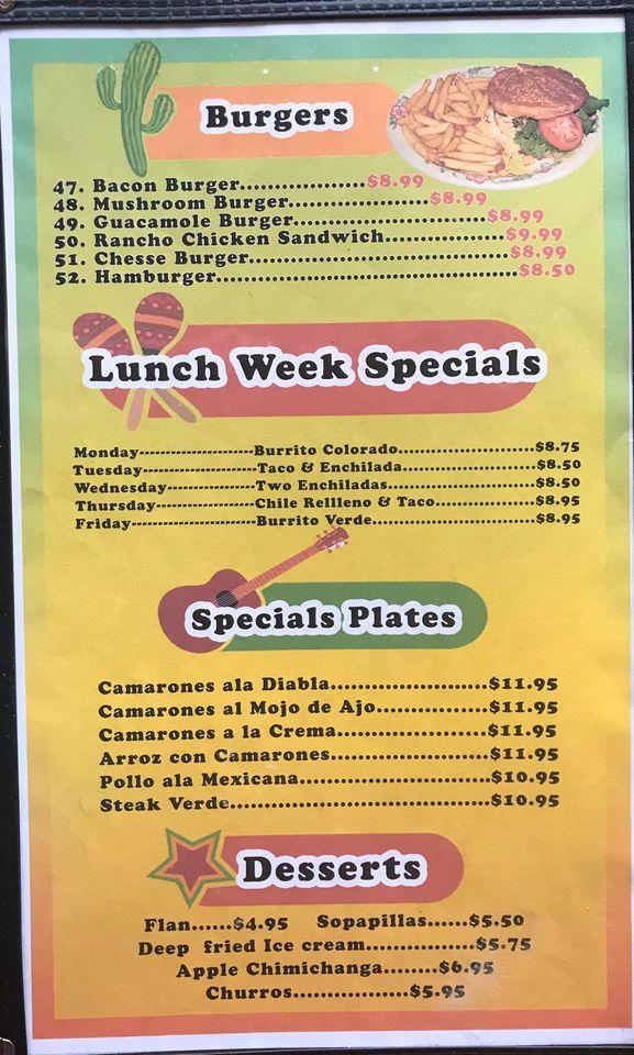 Menu at El Rancho Viejo restaurant, Battle Ground
