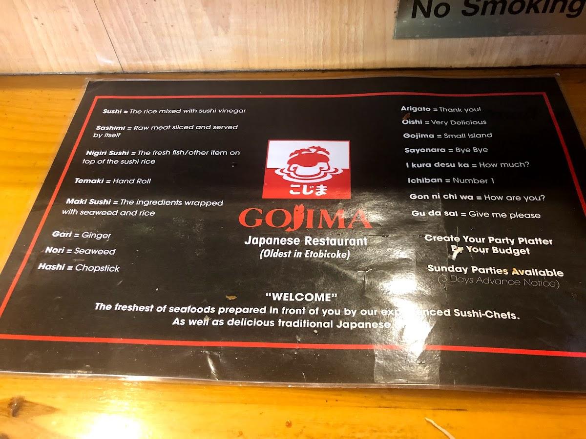 Menu at Gojima Restaurant, Toronto