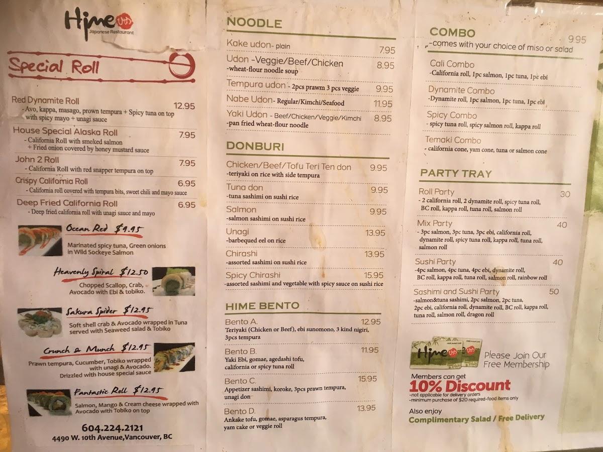 Menu at Hime Sushi restaurant, Vancouver, W 10th Ave