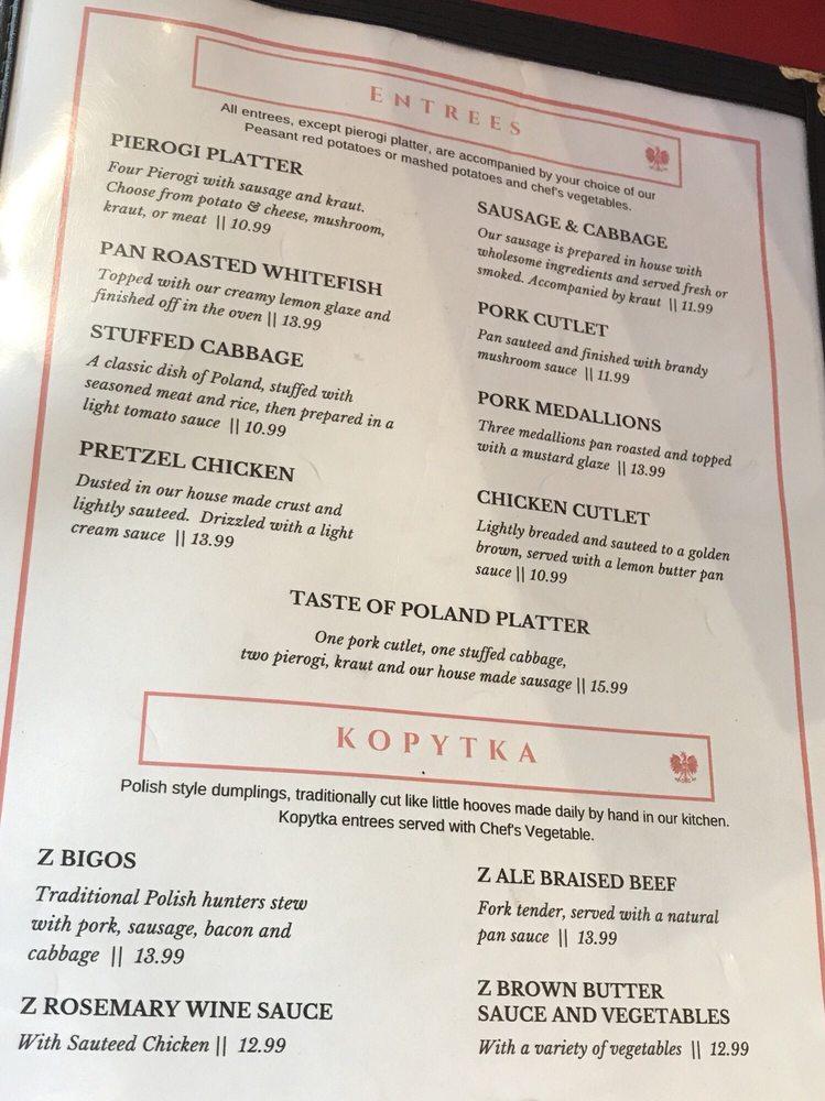 Menu at Kolasa’s Polish Peasant restaurant, Michigan City