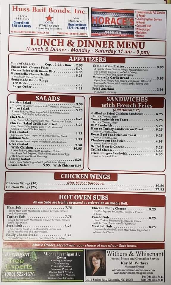 Menu at Union Diner restaurant, Gastonia