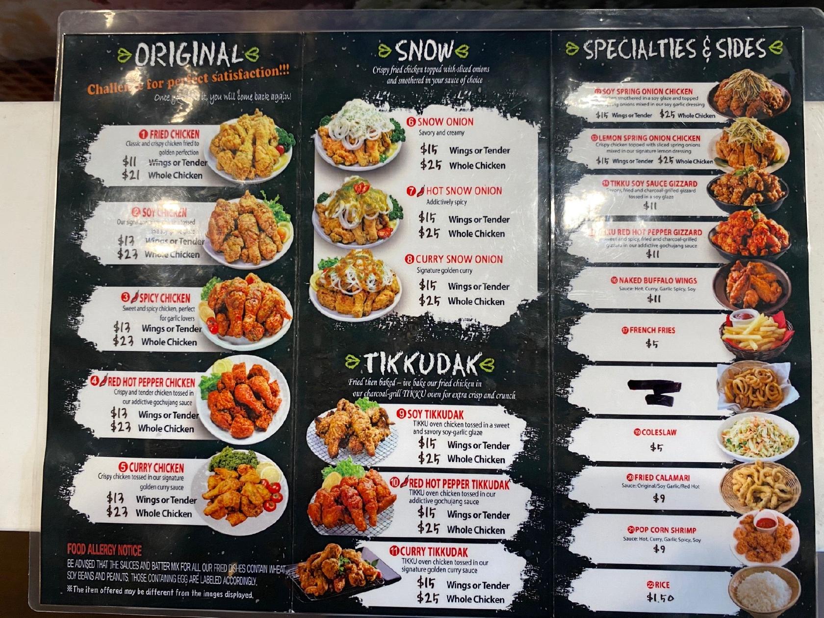 Carta del restaurante 92 Korean Chicken Williamsburg, Williamsburg
