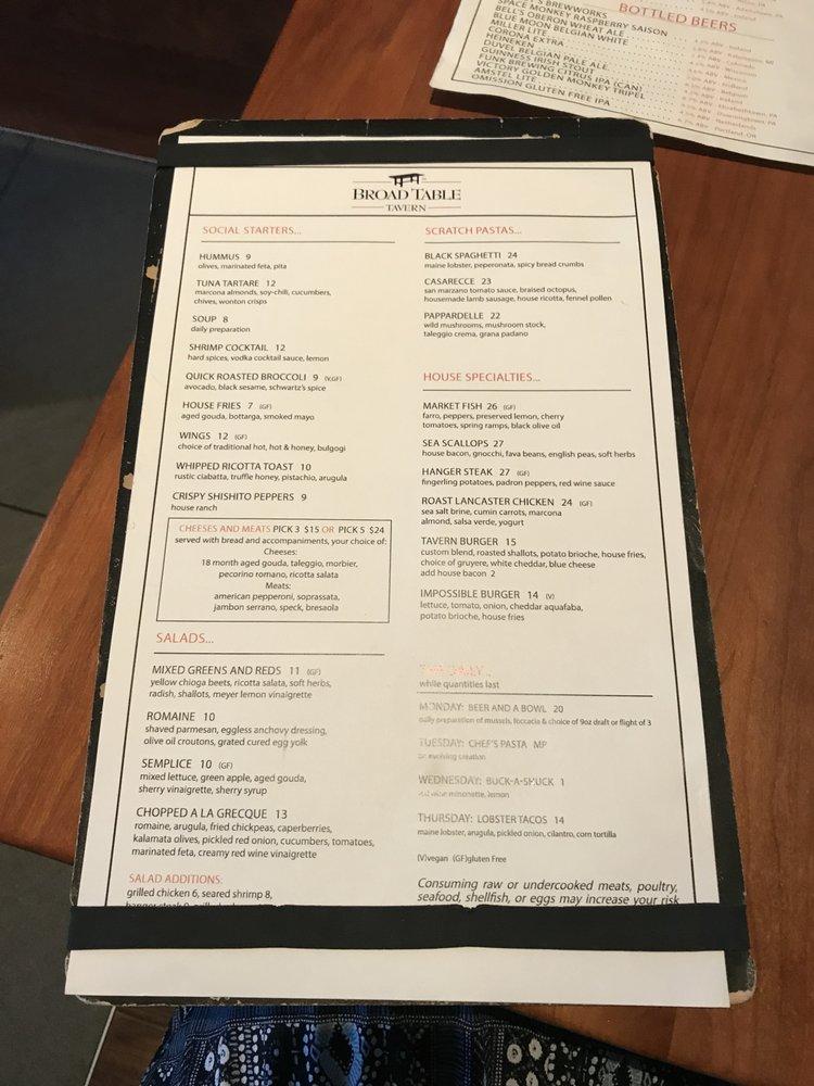 Menu at Broad Table Tavern pub & bar, Swarthmore