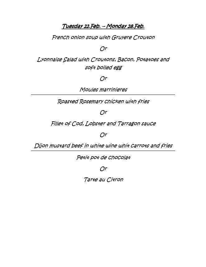 Menu at Chez Jules restaurant, Edinburgh, 109 Hanover St