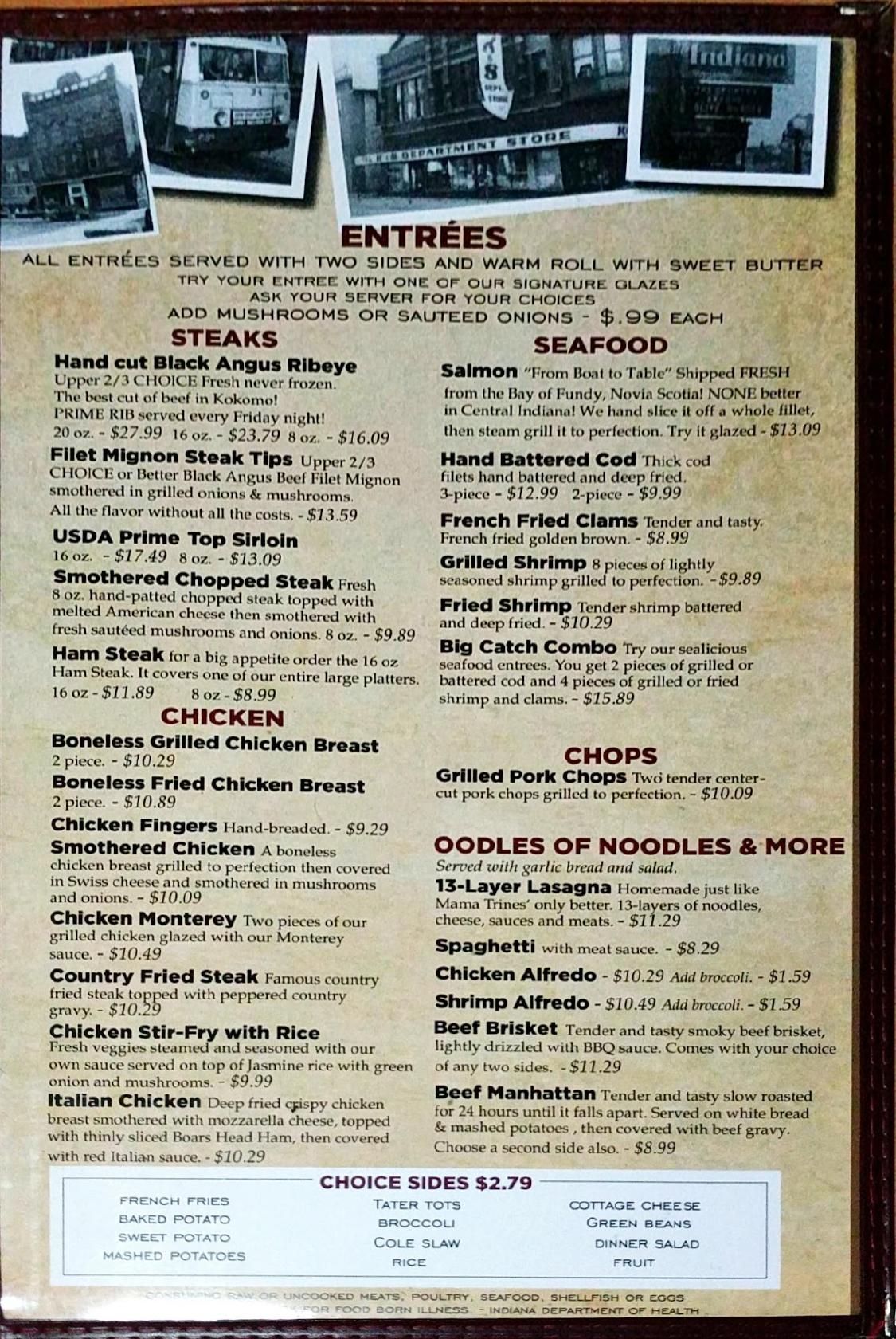 Menu at Choo Choo McGoo's restaurant, Kokomo