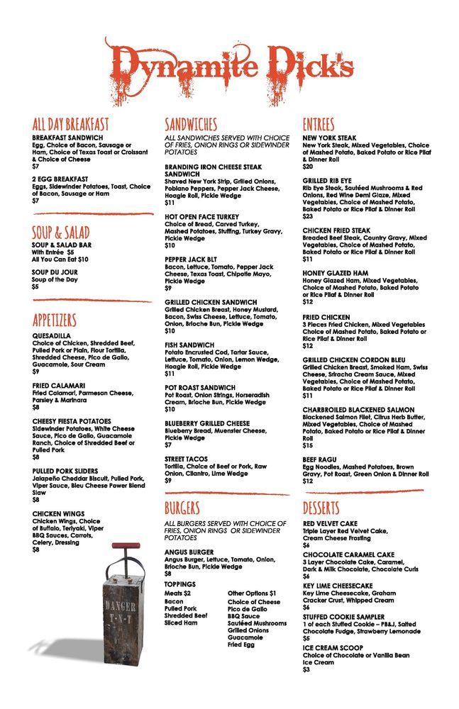 Menu at Dynamite Dick's Dining Emporium restaurant, Cripple Creek