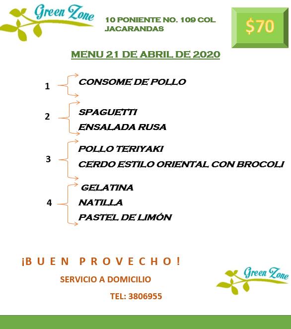 Carta del restaurante Green Zone, Tehuacán