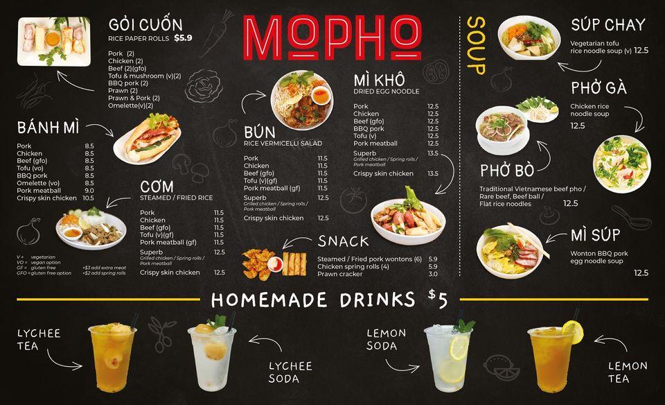 Menu at Mo'Pho Vietnamese Canteen restaurant, Herston