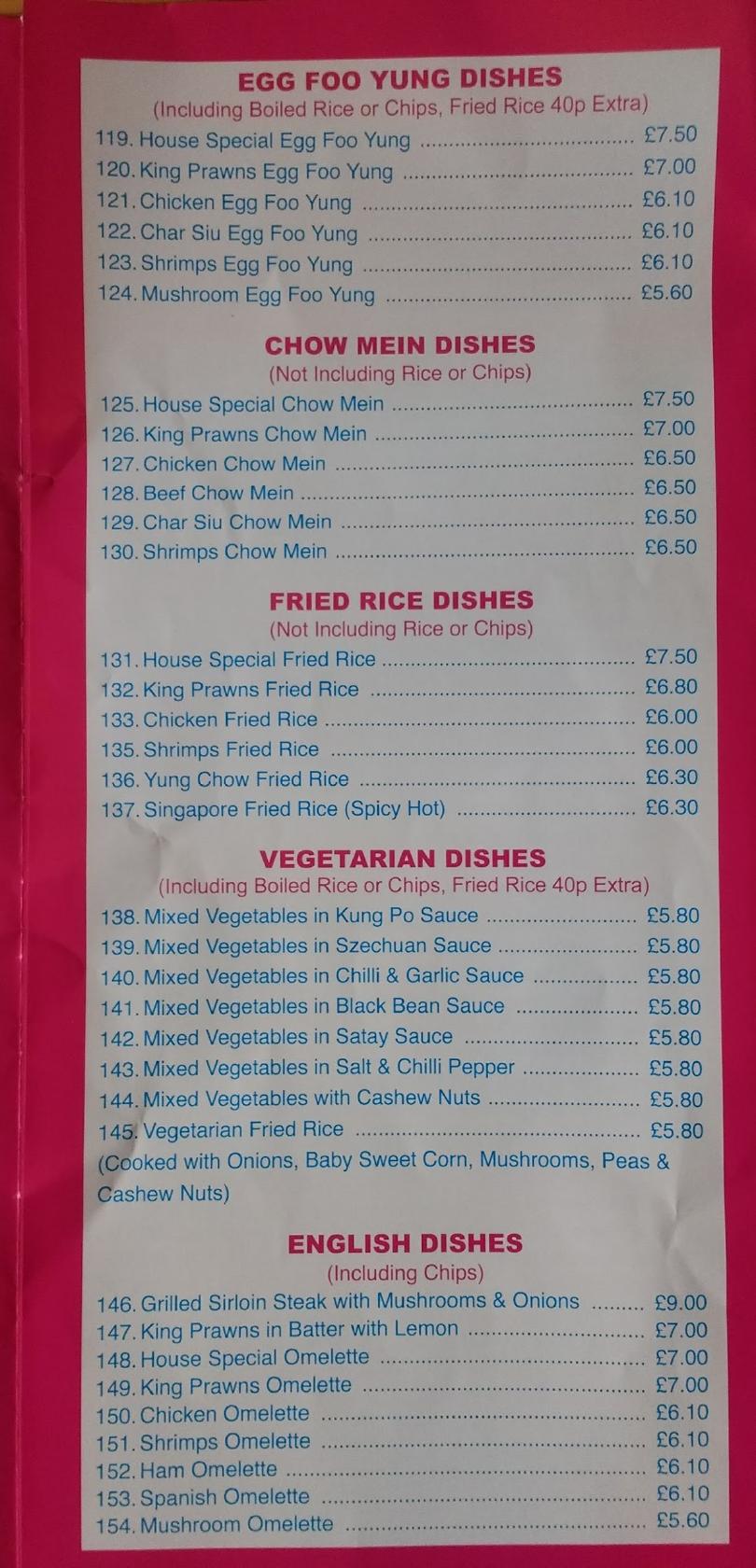 Menu at South Pelaw Chinese Takeaway fast food, Chester-le-Street