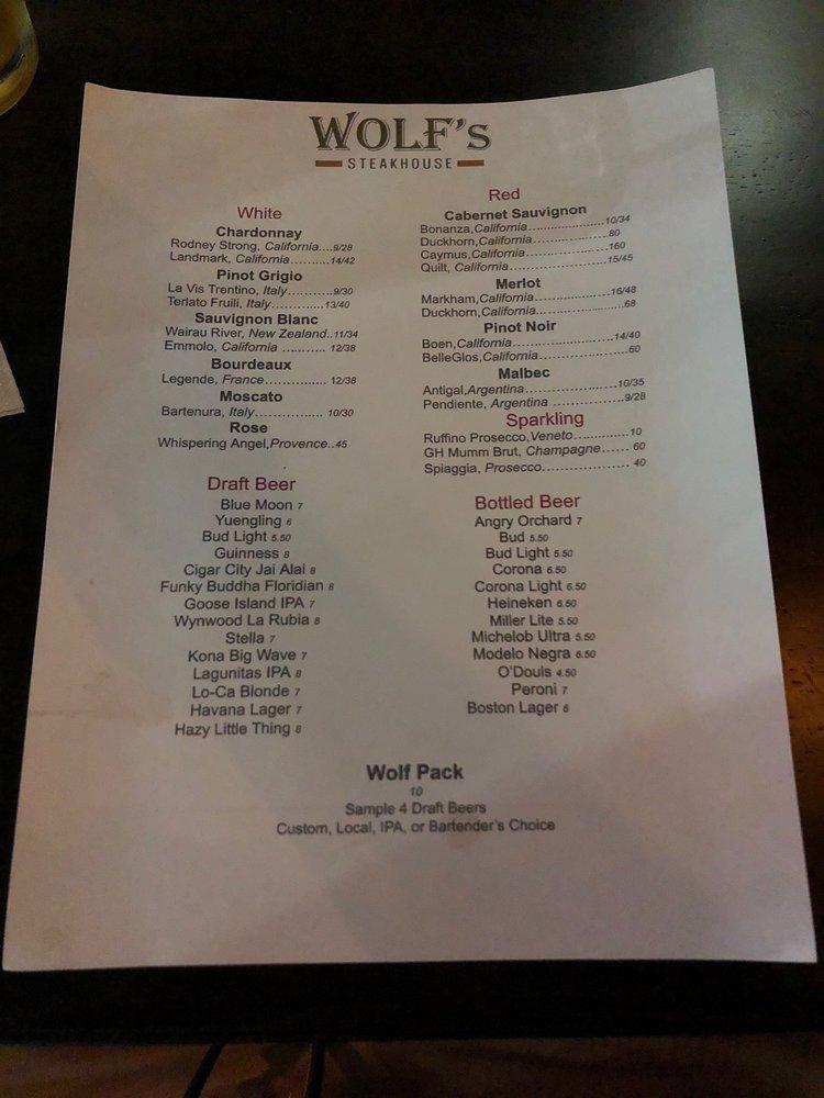 Menu at Wolf's Steakhouse, Cooper City, Stirling Rd