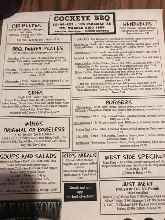Menu at Cockeye BBQ, Warren