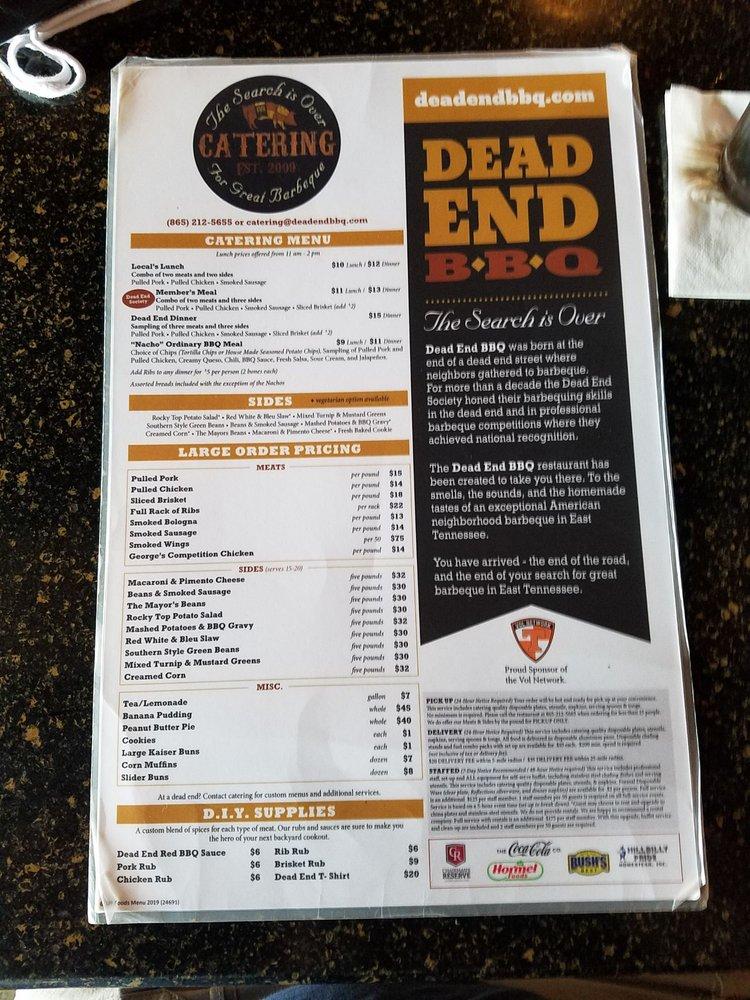 Menu at Dead End BBQ, Knoxville, Sutherland Ave