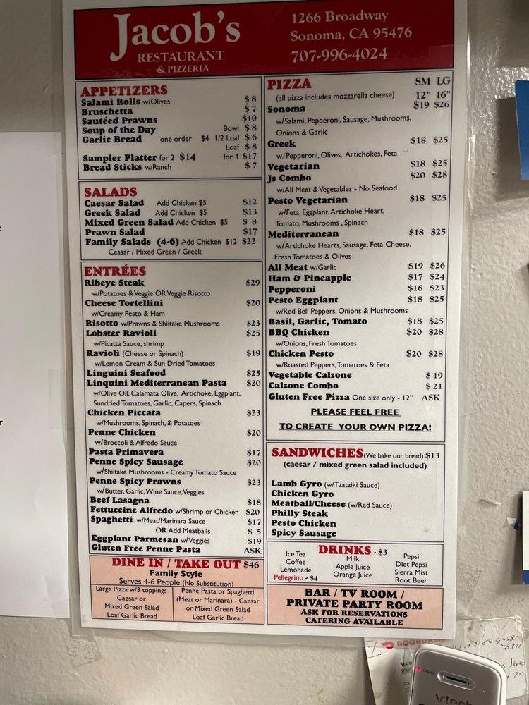 Menu at Jacob’s Restaurant, Sonoma
