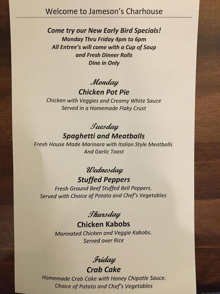 Menu at Jameson's Charhouse steakhouse, Bluffton