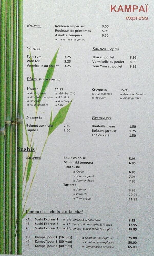 Carta del restaurante Kampai Express, Quebec
