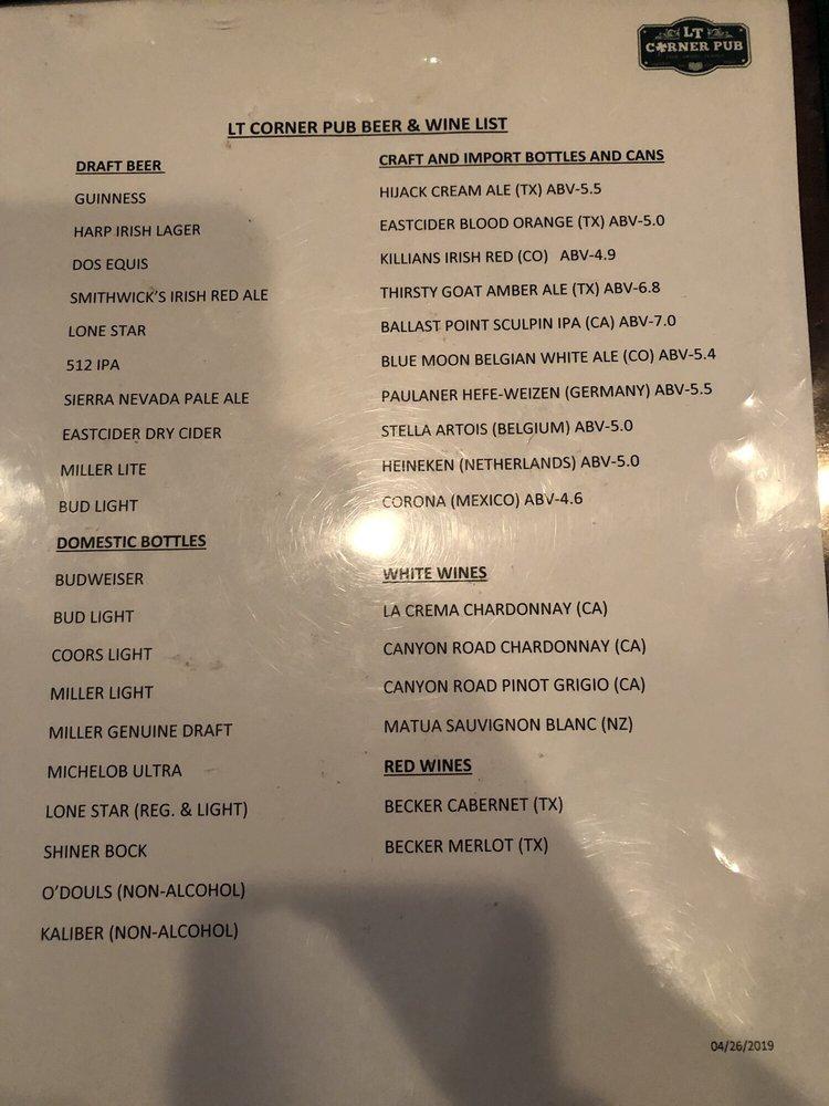Menu at LT Corner Pub, Lakeway